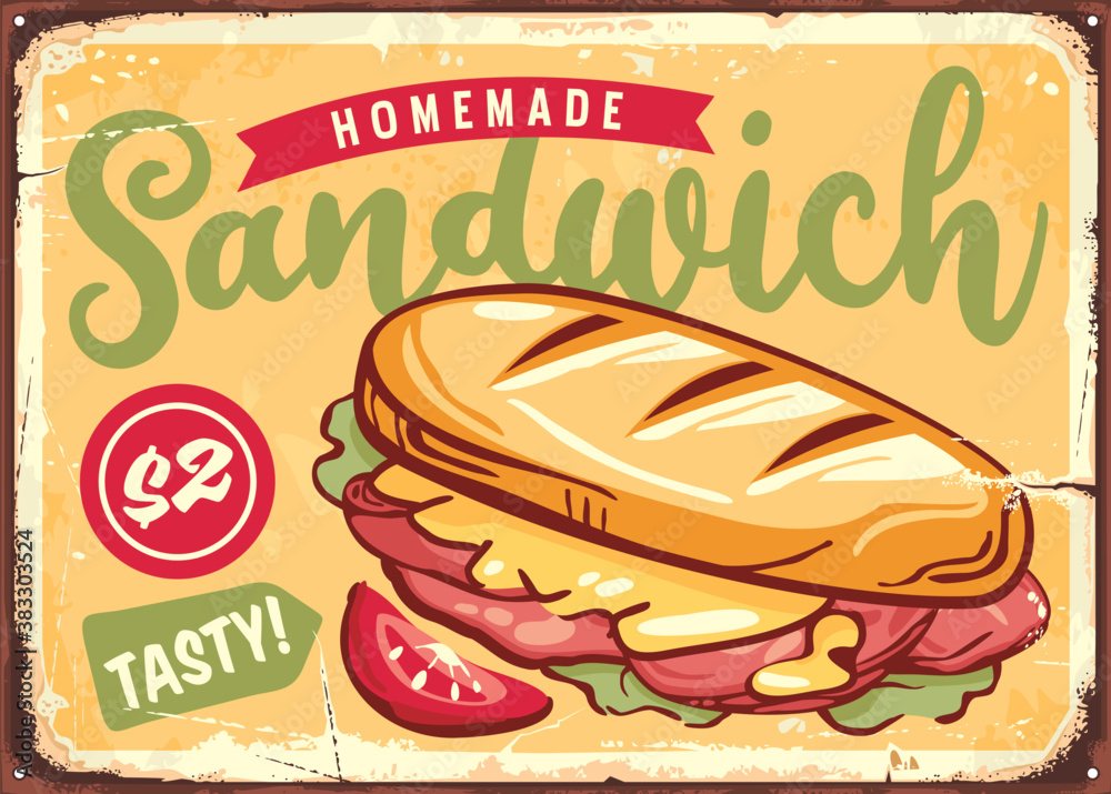 Sandwich sign. Retro poster template with tasty snack. Fast food menu ...