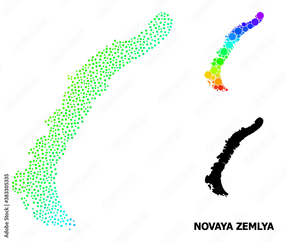 Dotted rainbow gradient, and monochrome map of Novaya Zemlya Islands ...