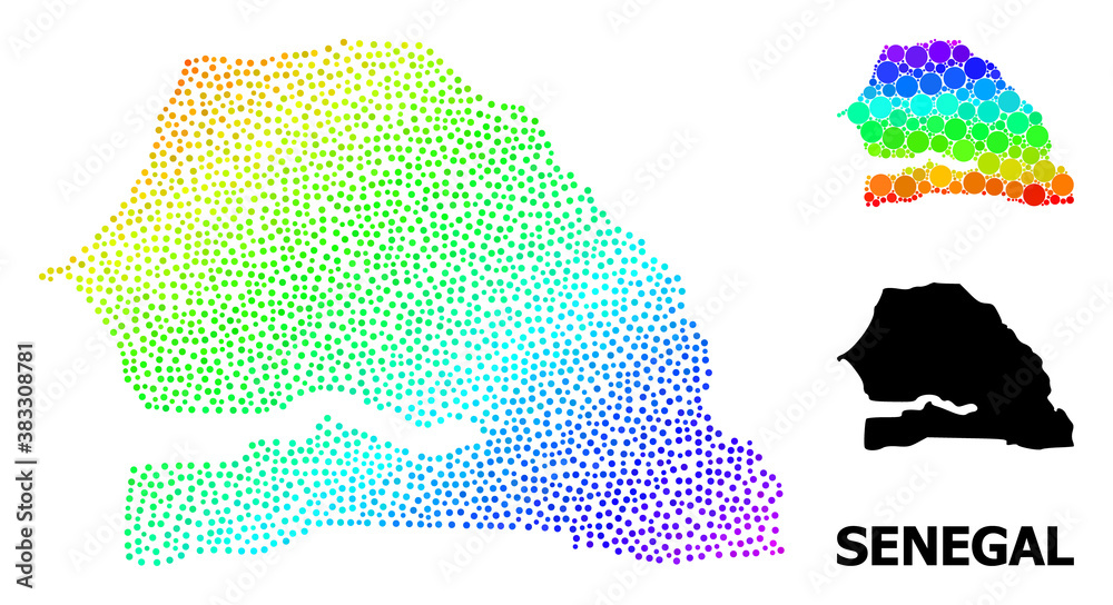 Dot rainbow gradient, and solid map of Senegal, and black text. Vector ...