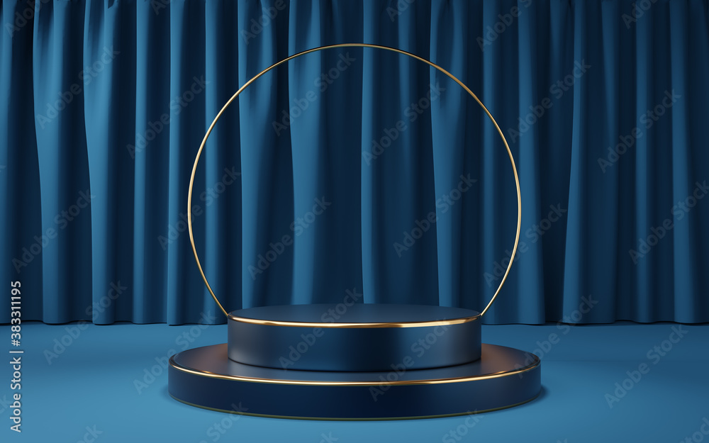 Empty blue cylinder podium with gold border and gold circle on blue ...