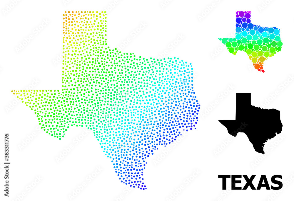Pixel spectral, and monochrome map of Texas State, and black caption ...