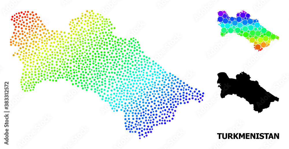 Pixelated spectrum, and monochrome map of Turkmenistan, and black tag ...