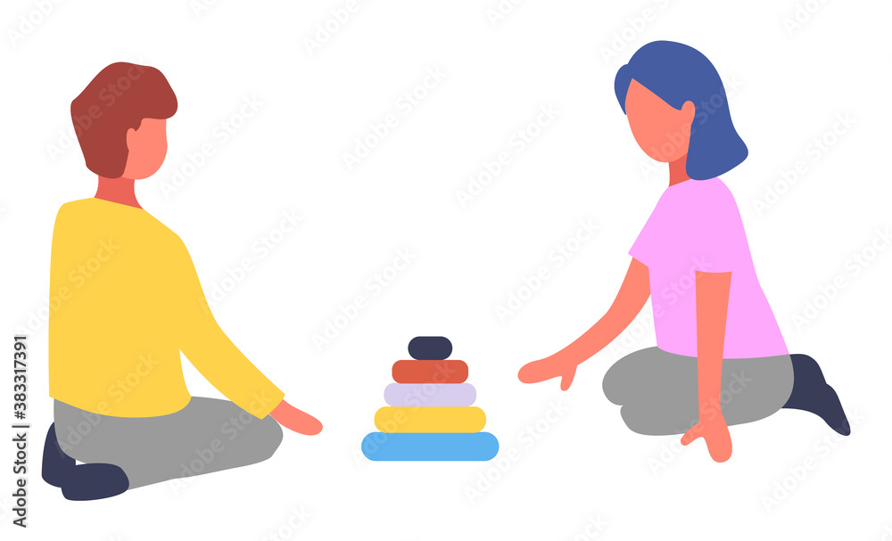 Children playing with pyramid toy vector flat illustration. Boy and ...