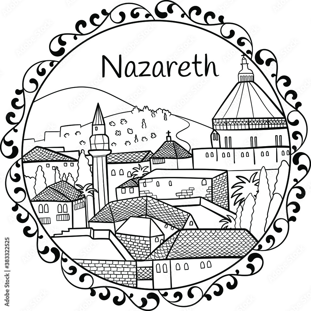 Biblical holy linear cityscape in mandala with text Nazareth in English ...