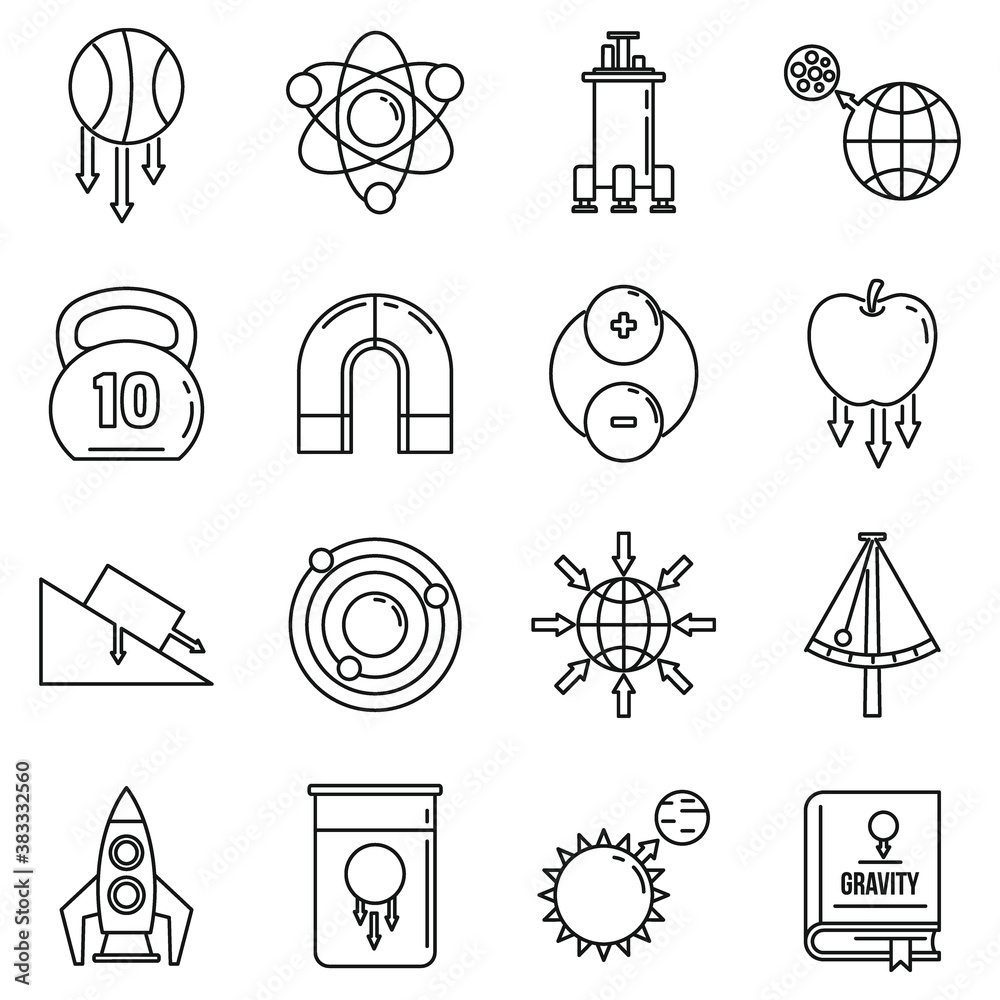 Gravity force icons set. Outline set of gravity force vector icons for web design isolated on ...