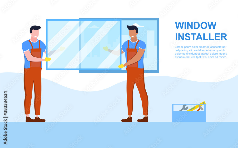 Windows installation concept. Smiling craftsmen installing windows ...