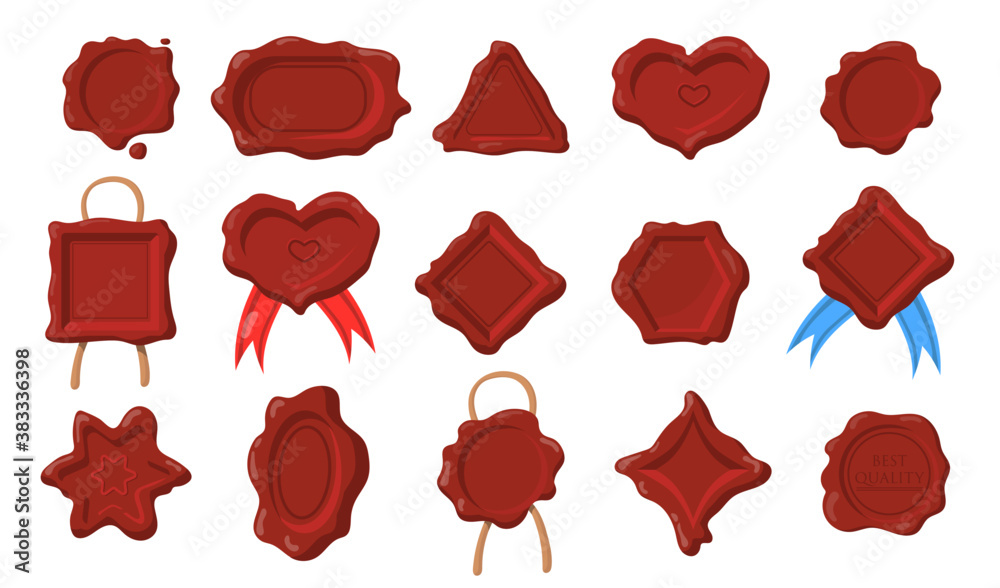 Wax seals set. Dark red stamps of different shapes, heart, rectangle ...