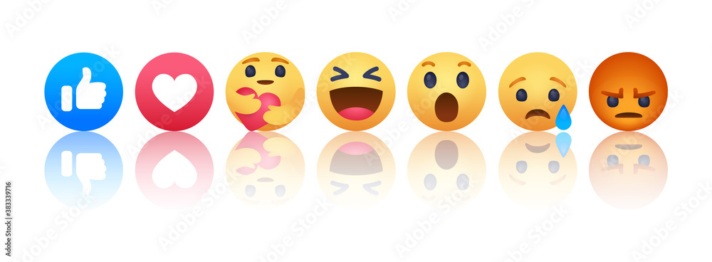 Set of Facebook Empathetic Emoji Smiley Reactions with reflection Stock ...