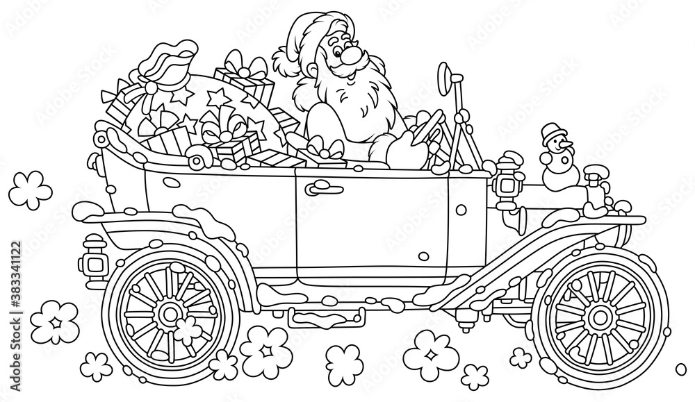 Santa Claus driving his old car with Christmas gifts for children ...