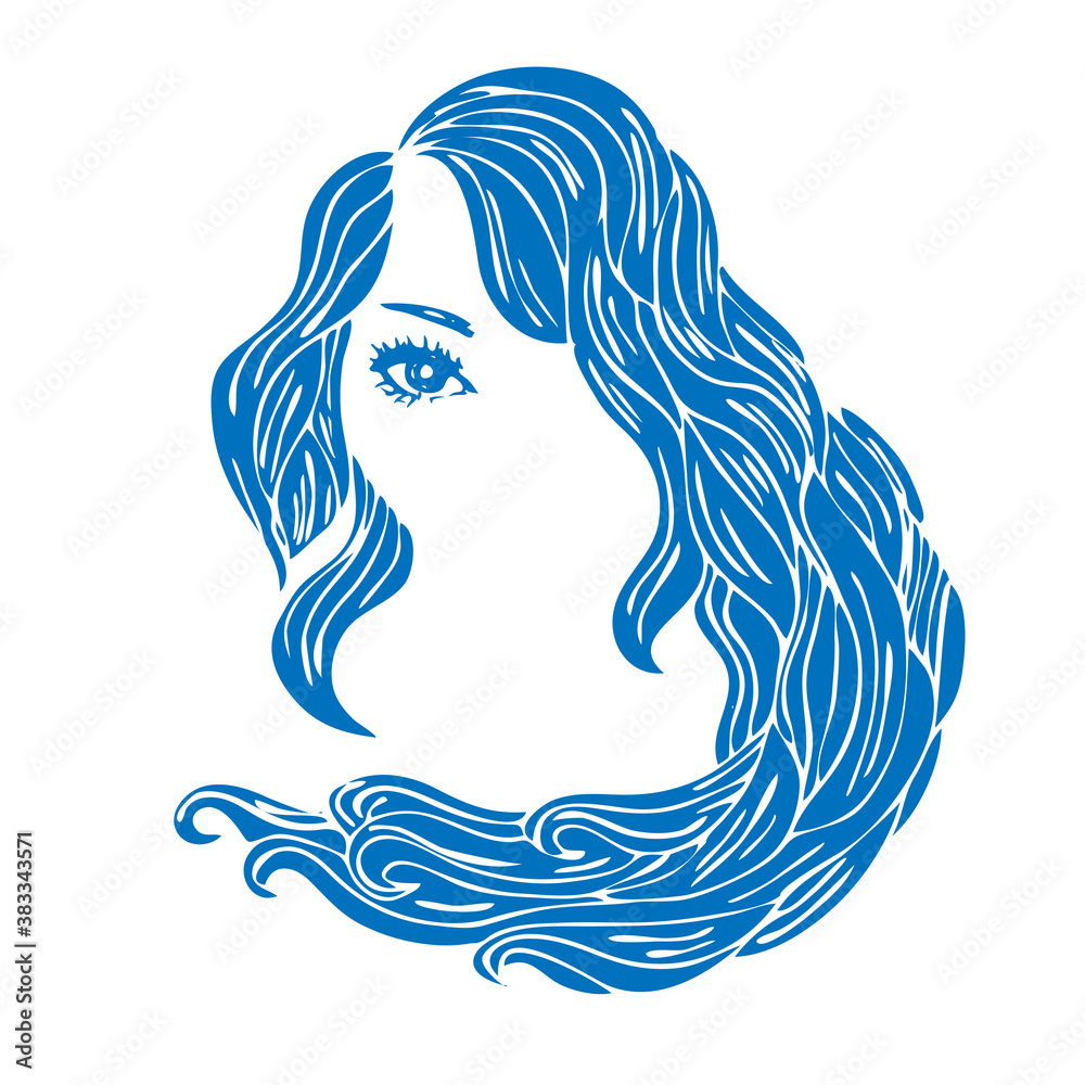 Fantasy minimal logo portrait girl with hair in the form of sea waves ...