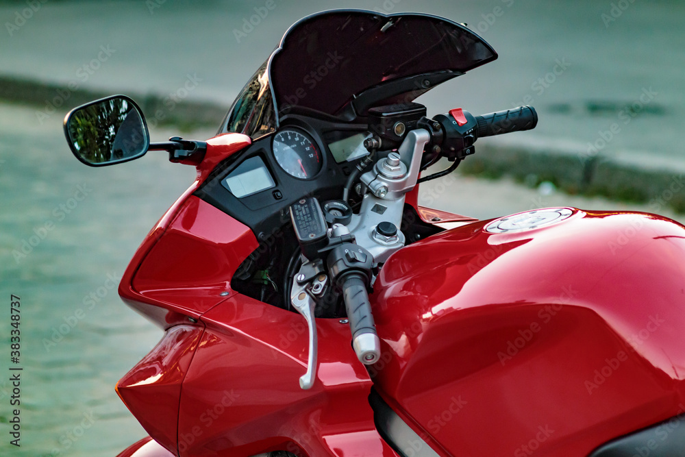 Motocycle cockpit. Motobike design side closeup, speedometer and ...