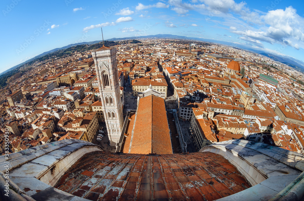 Full fisheye aerial view of Florence town center (Italy) with rooftops ...