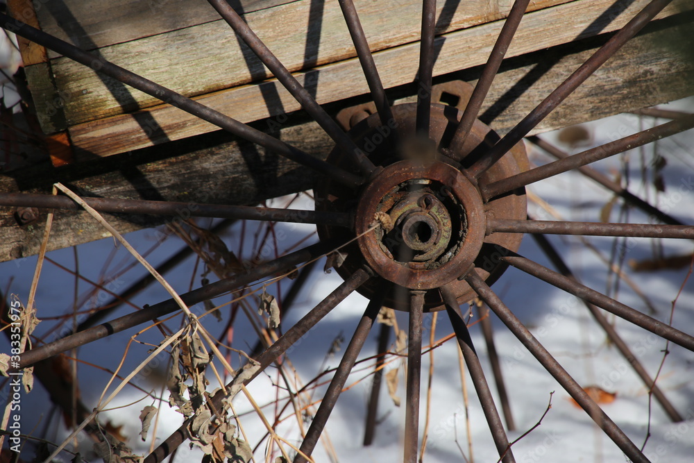 Old rusty vintage wagon wheel. A closeup of the rusted spokes. Stock ...