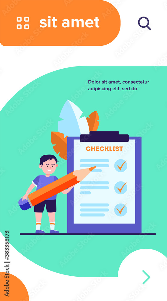Boy filling out checklist. Child with pencil, kid, task list flat ...
