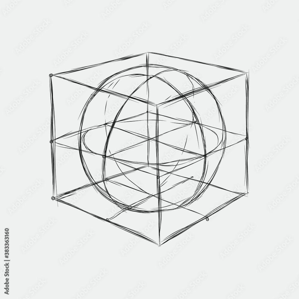 Hand-drawn sphere in a cube in perspective projection Stock Vector | Adobe Stock