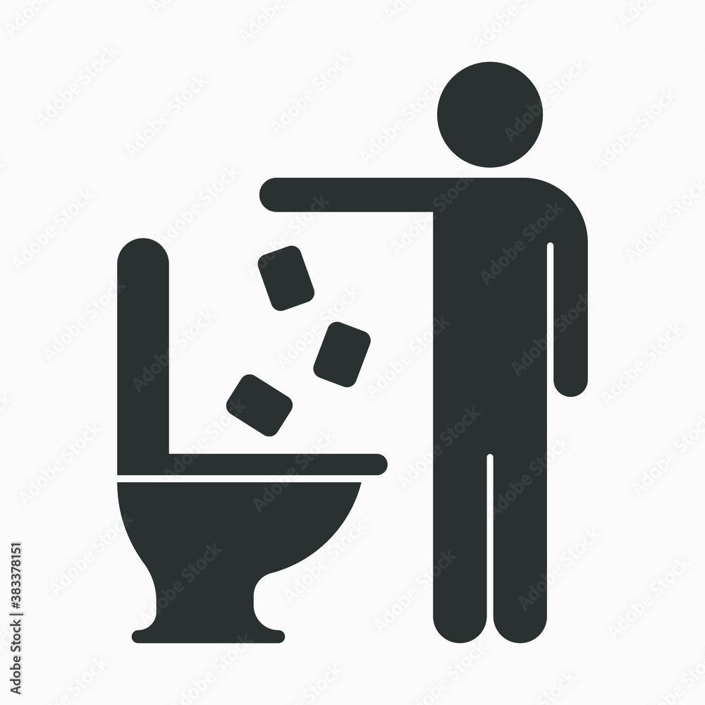 Vector icon throwing toilet paper in the toilet. Trash into toilet ...