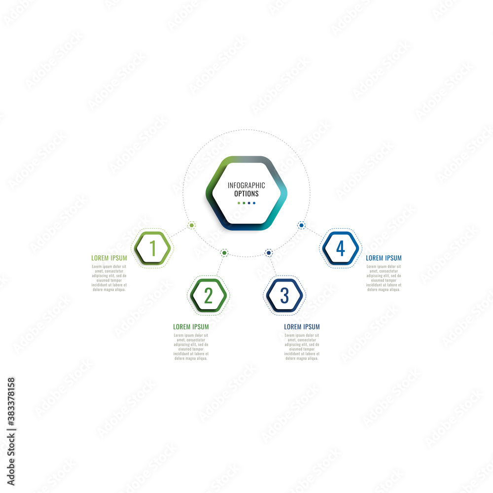 Infographic template with four hexagonal elements and text boxes on a ...