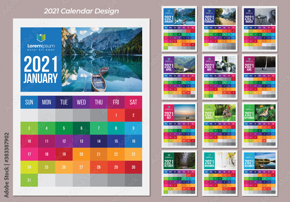 Colorful Wall Calendar 2021 Stock Template | Adobe Stock