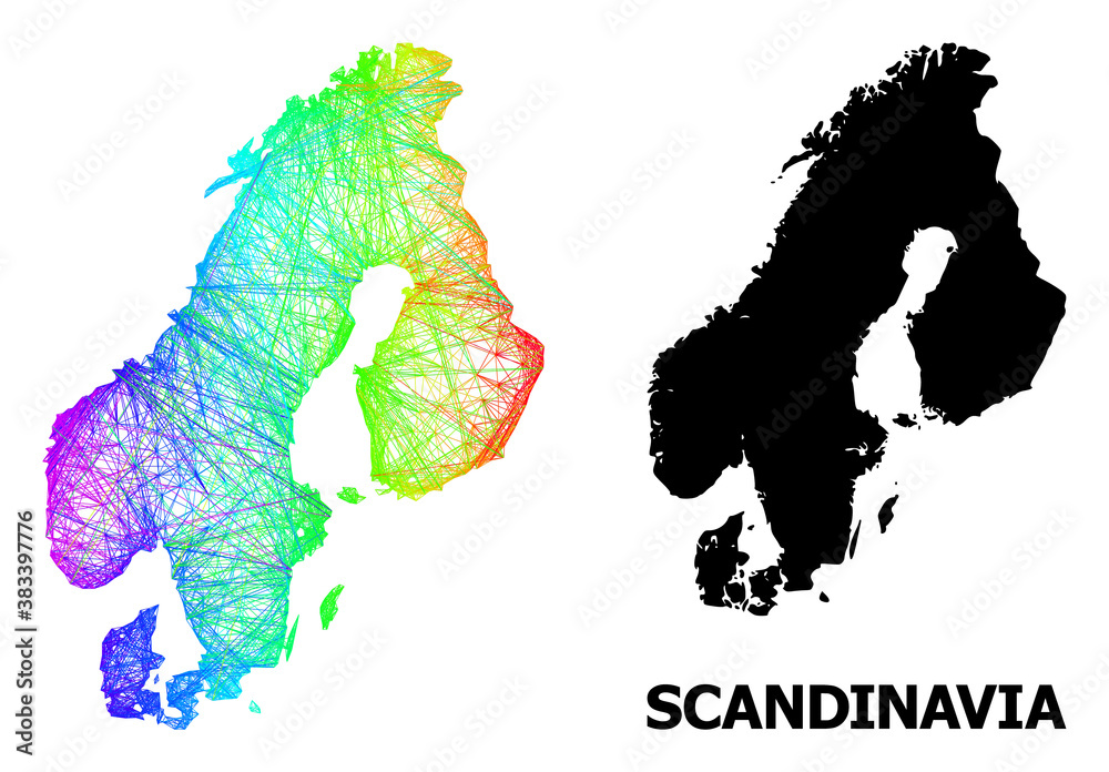 Wire frame and solid map of Scandinavia. Vector model is created from ...