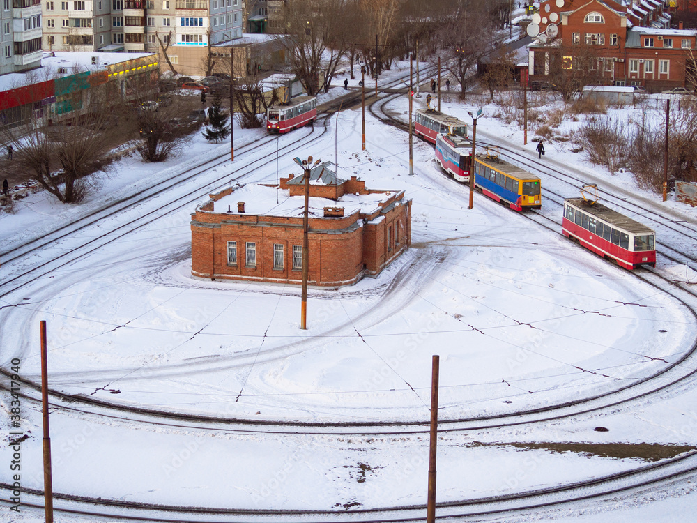Tram ring on the final tram on Kotelnikova street in Omsk. Building ...