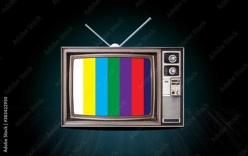 vintage old television receiver and antenna on table front gradient ...