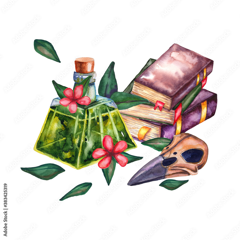 Watercolor magic potion, books of magic, raven skull, leaves, flowers ...