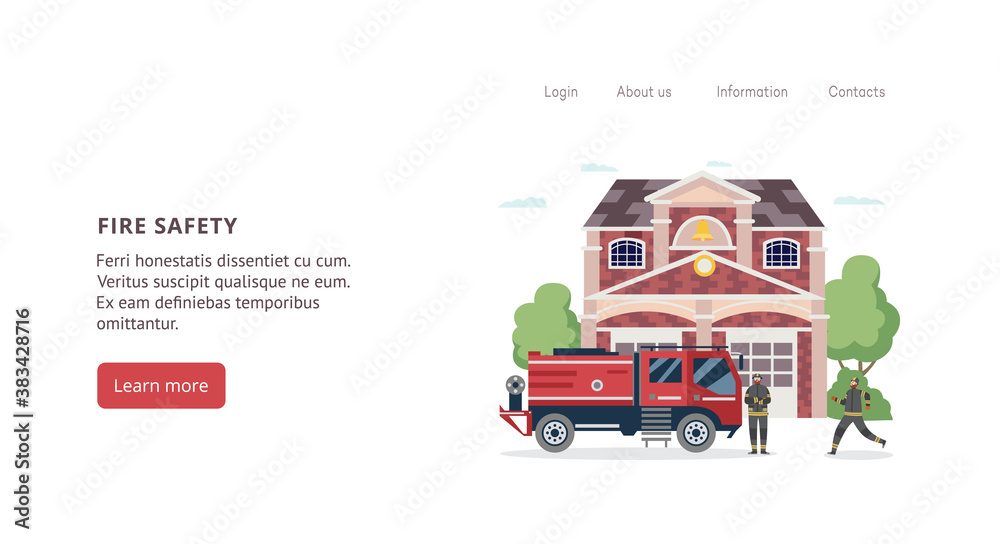 Fire safety banner - firefighter station building and firetruck engine ...