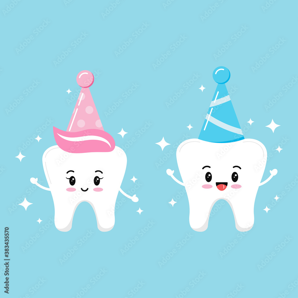 Cute tooth in birthday party hats boy and girl vector set isolated on ...