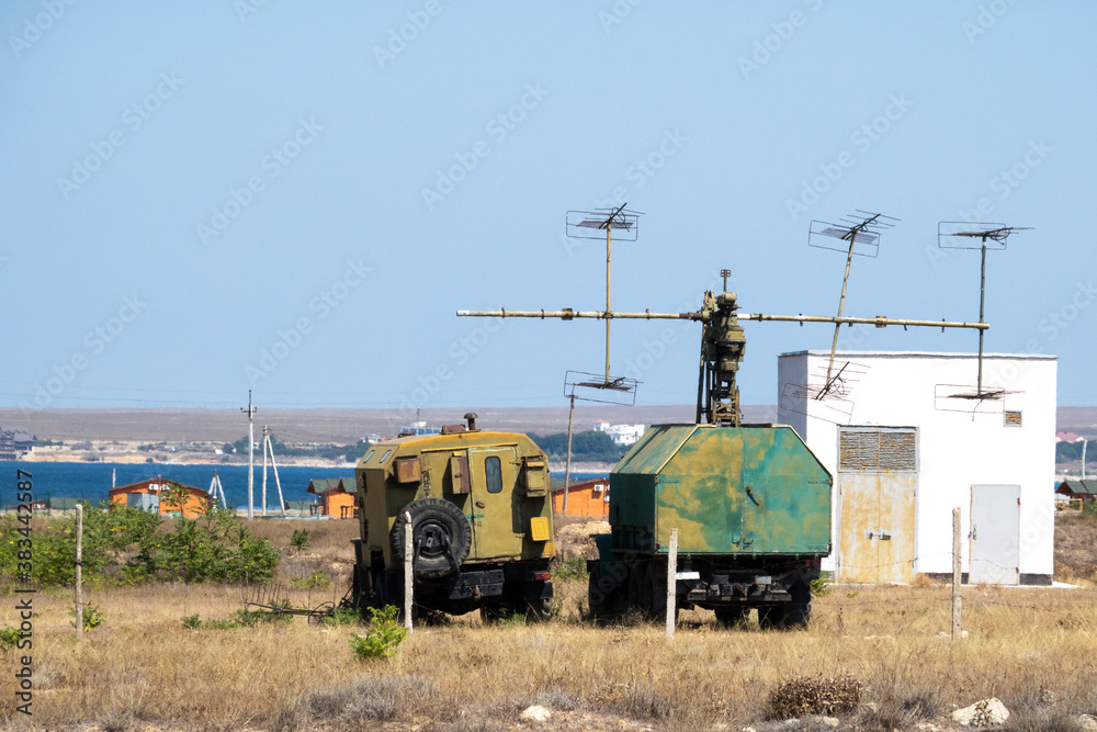 Mobile military radar station on wheels for detecting aerodynamic and ...