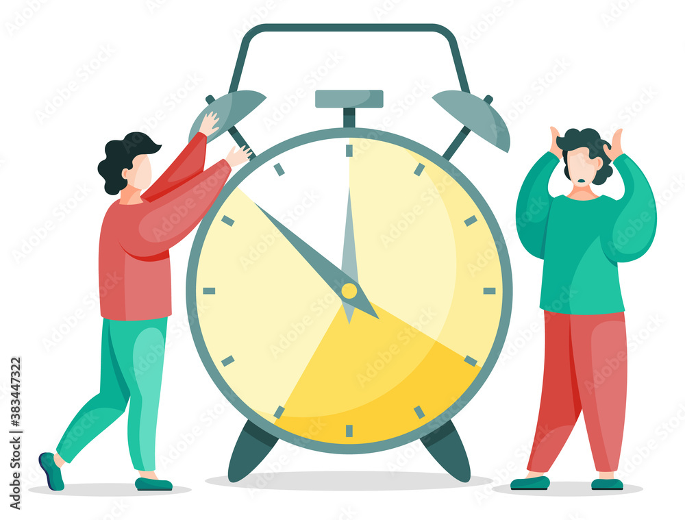 Effective time management, people near retro clock isolated. Vector ...