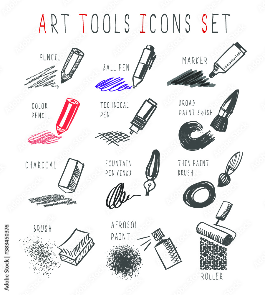 Tools and brush, stationery drawing tools doodle sketch style. Isolated ...
