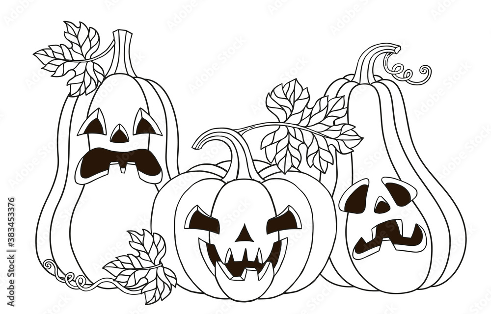 Vector coloring page. Cute pumpkins monster with a carved horrible ...