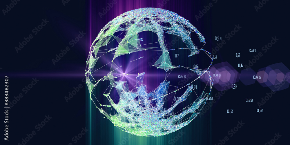 Abstract polygonaly artificial intelligence spherical grid with data. Analytics algorithms for ...
