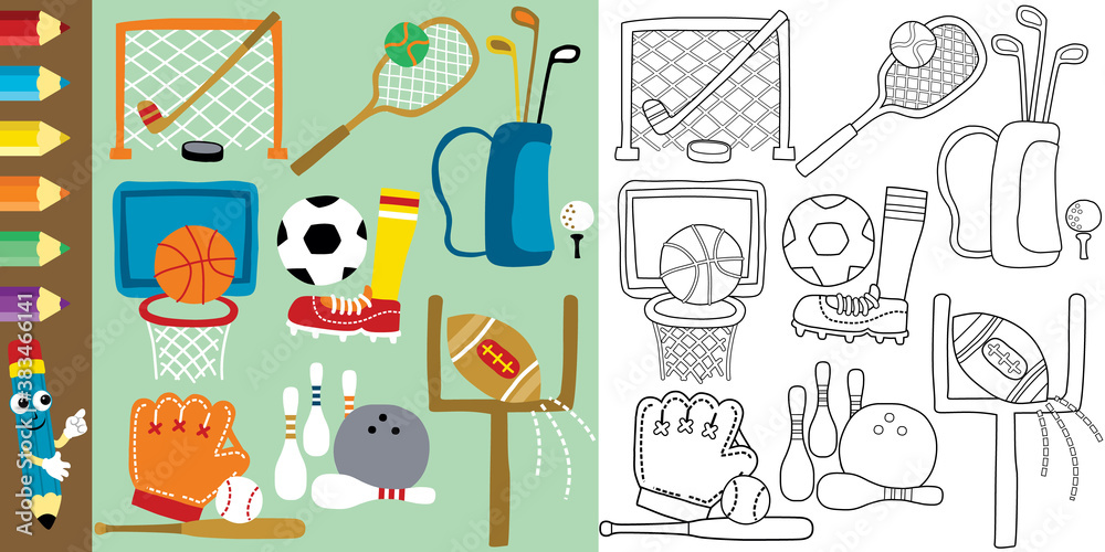 sport set equipment cartoon, coloring book or page Stock Vector | Adobe ...