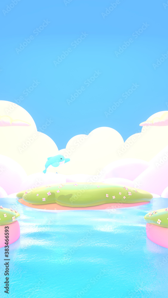 Cartoon nature landscape with cute dolphin jumping out of the water. 3d ...
