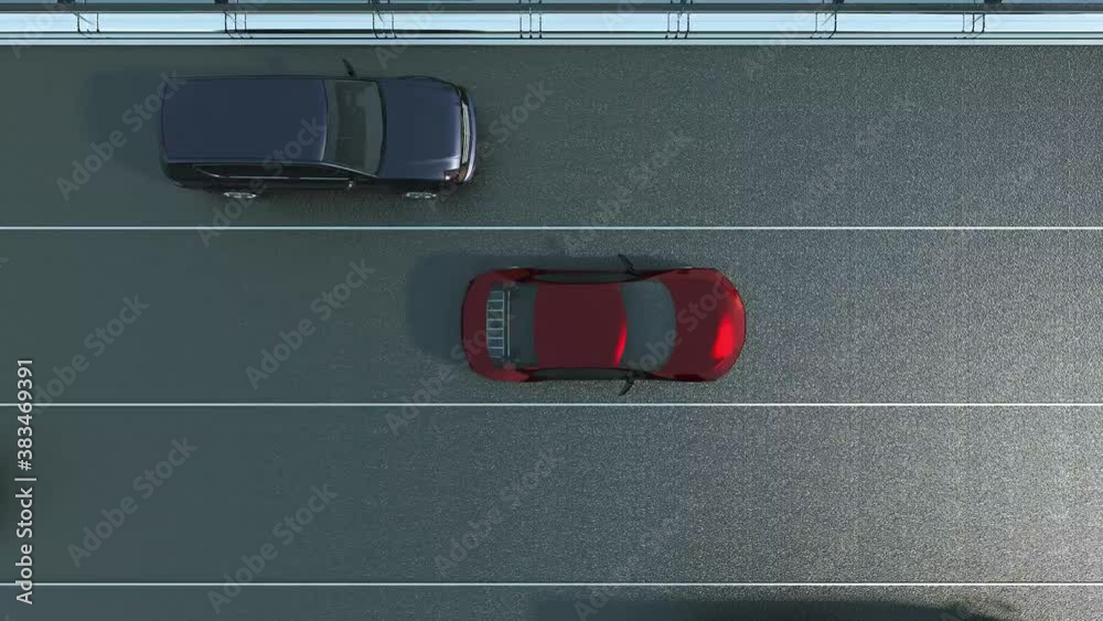 Autonomous driving electric battery car driving highway, Top view, IoT ...