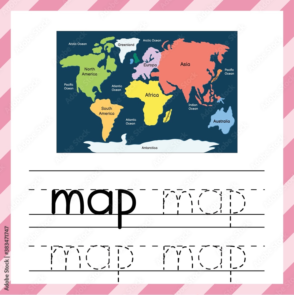 Trace the word - Map. Educational worksheet for kids. Tracing practice ...