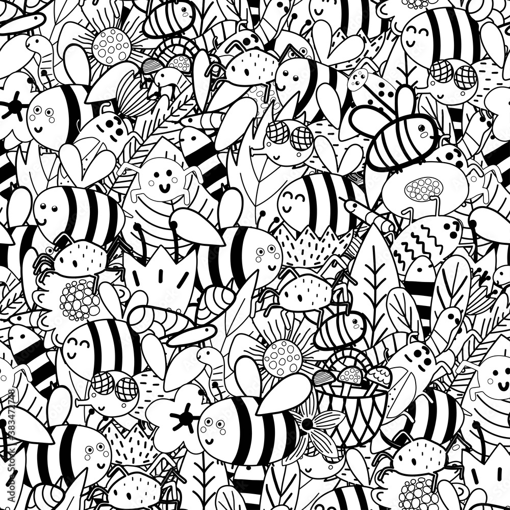 Doodle insects black and white seamless patterns - bees, flies, bugs ...