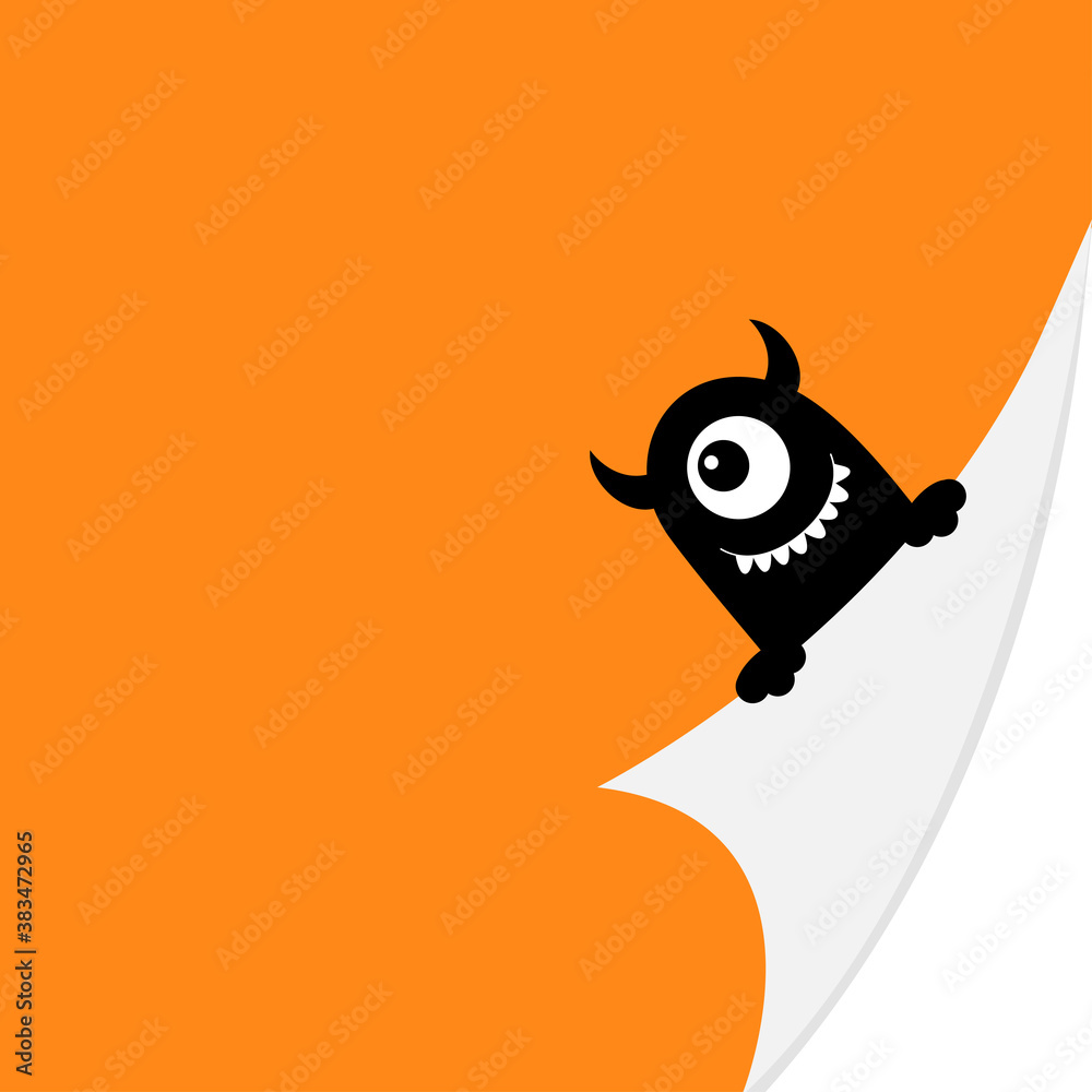 Happy Halloween. Black monster face holding fold page corners. Curled ...