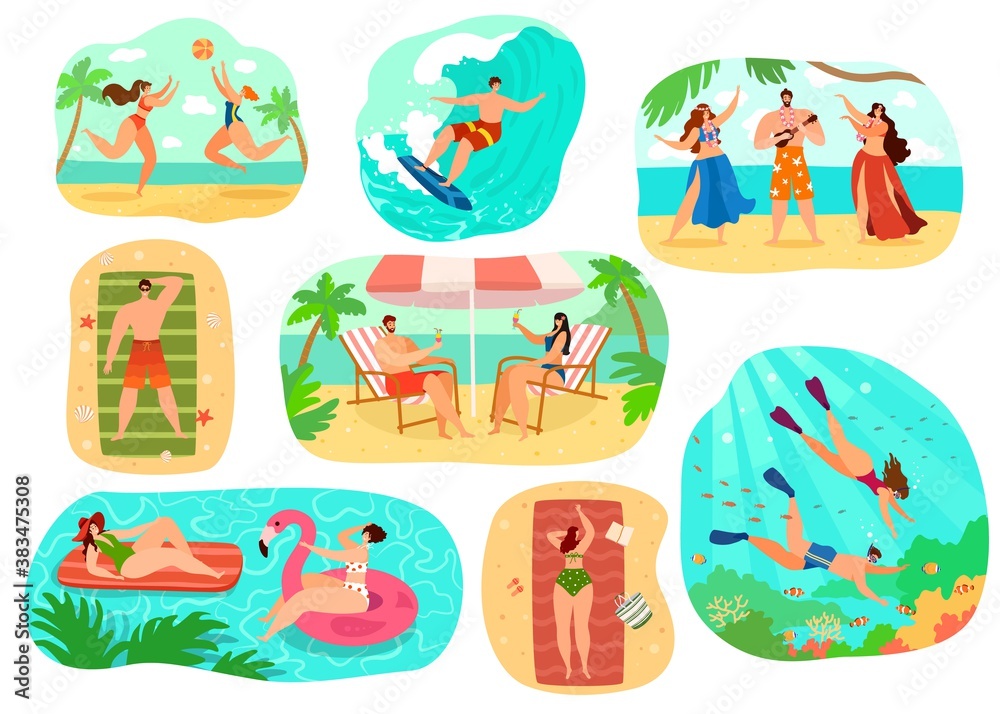 Beach people vector illustration set. Cartoon flat active happy man ...