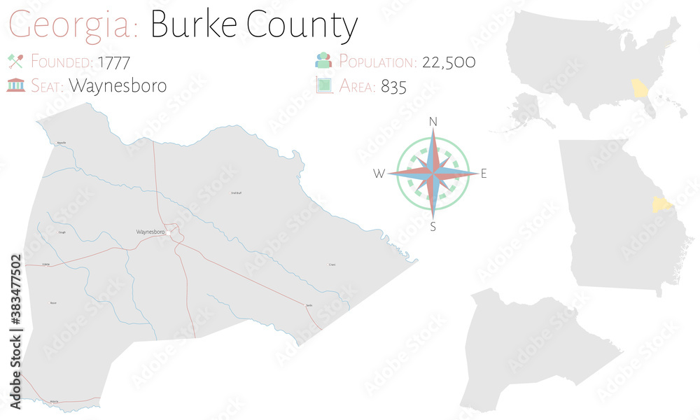 Large and detailed map of Burke county in Georgia, USA. Stock Vector ...