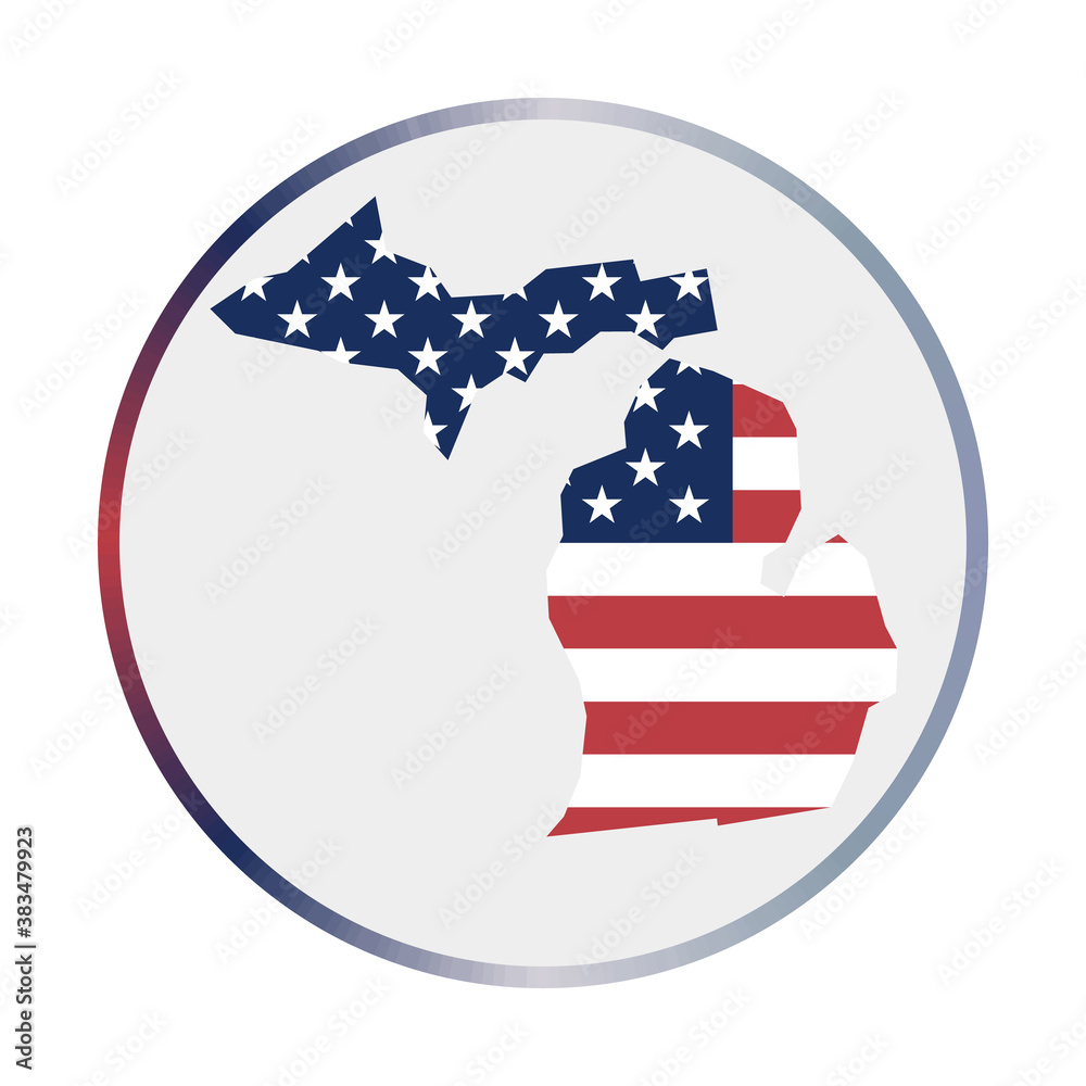 Michigan icon. Shape of the us state with Michigan flag. Round sign ...