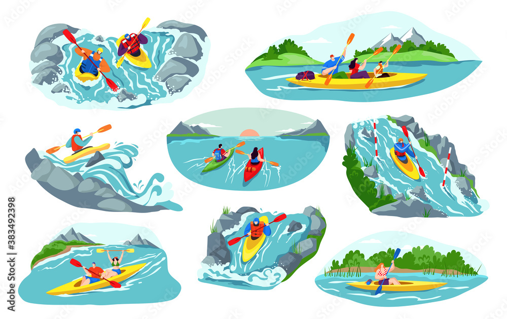 People kayaking vector illustration set. Cartoon flat man woman active ...