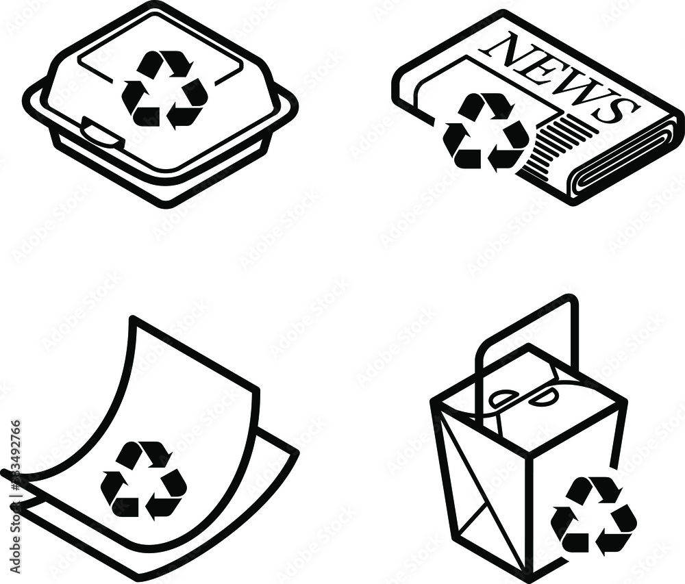 Recycling icons - takeaway container, newspaper, paper, and cartons ...