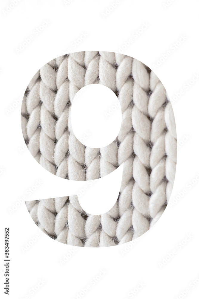 Number " 9 " is a knitted number isolated on a white background ...