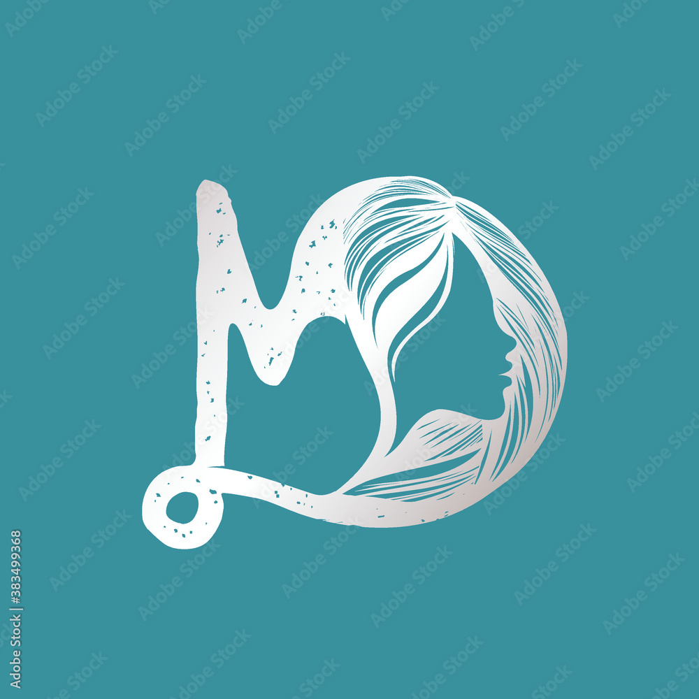 Beauty salon logo.Metallic letter M.Long, wavy hair beautiful woman ...