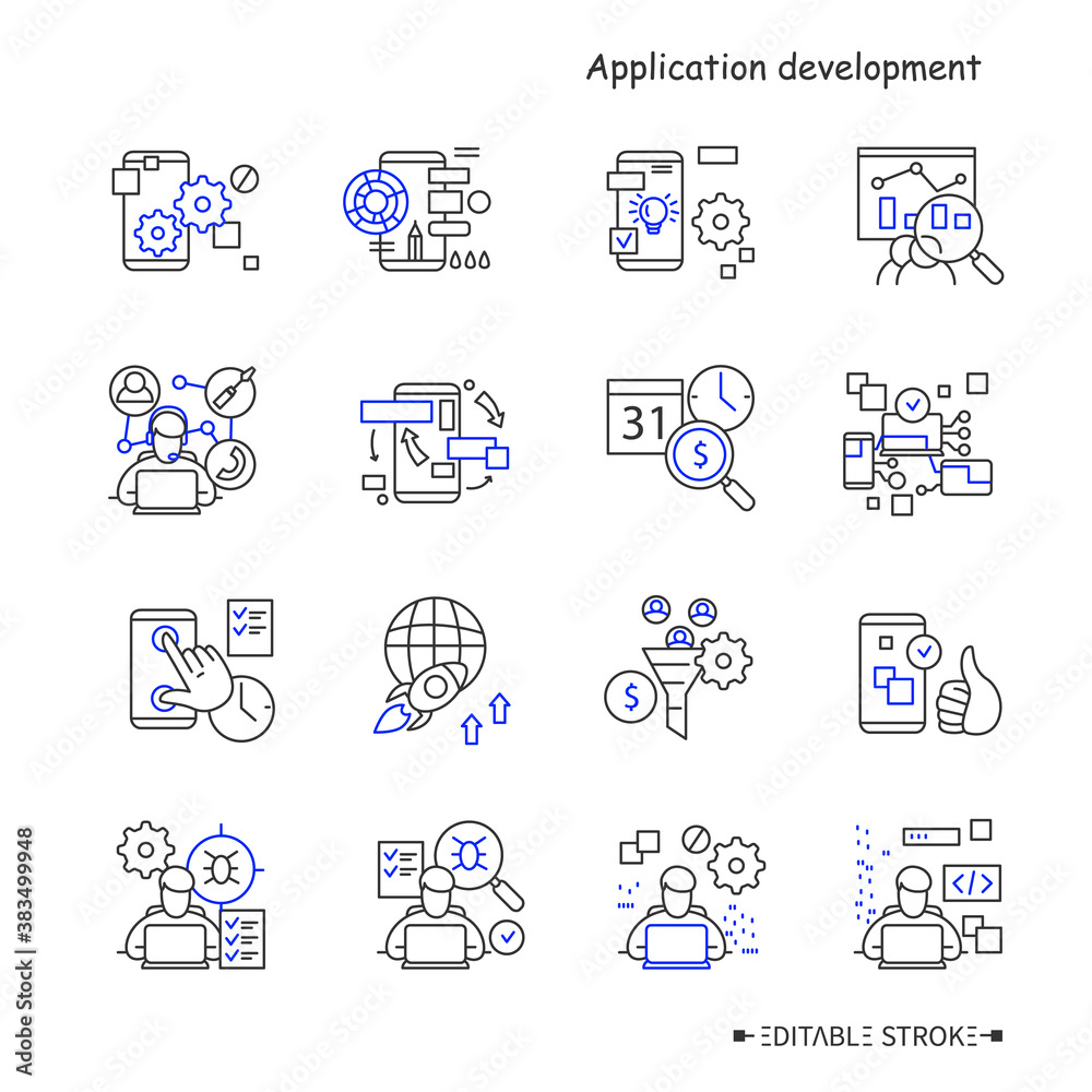 Application development line icons set. Creating a new appprocess, step ...