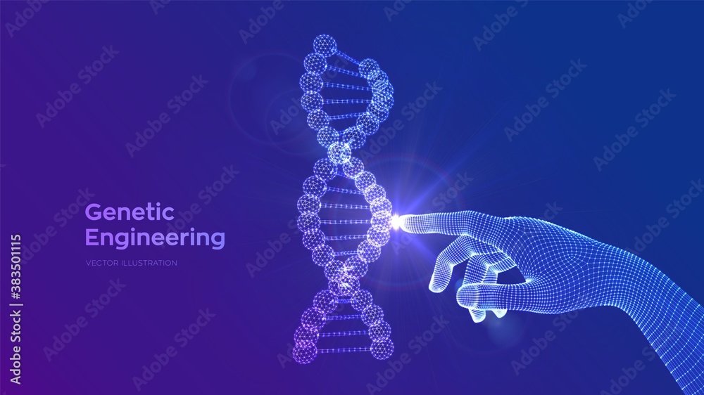 Hand touching DNA sequence molecules structure mesh. Wireframe DNA code ...
