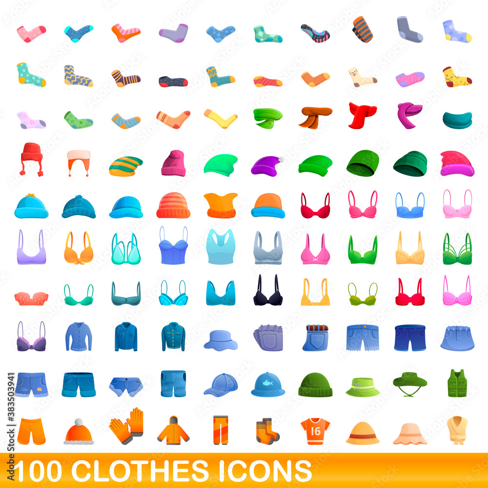 100 clothes icons set. Cartoon illustration of 100 clothes icons vector ...