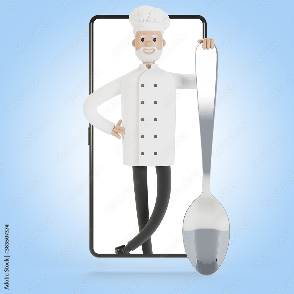 Chef at the smartphone screen. Online cooking courses, proper cooking ...